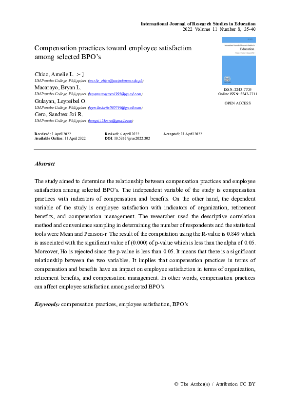 (PDF) Compensation practices toward employee satisfaction among ...
