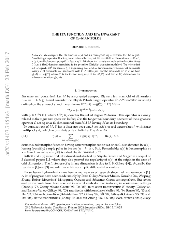 (PDF) The eta function and eta invariant of $\mathbb{Z}_{2^r}$-manifolds