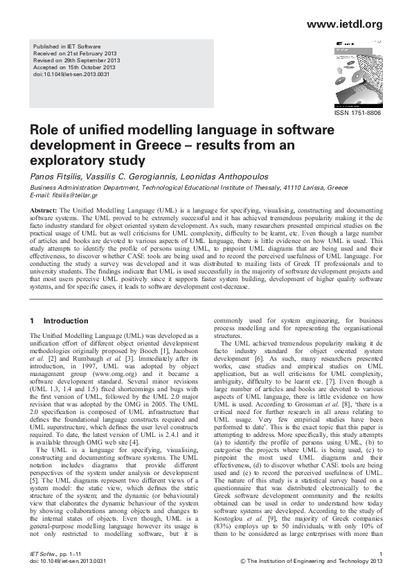 (PDF) The role of UML in software development in Greece-Results from an exploratory study