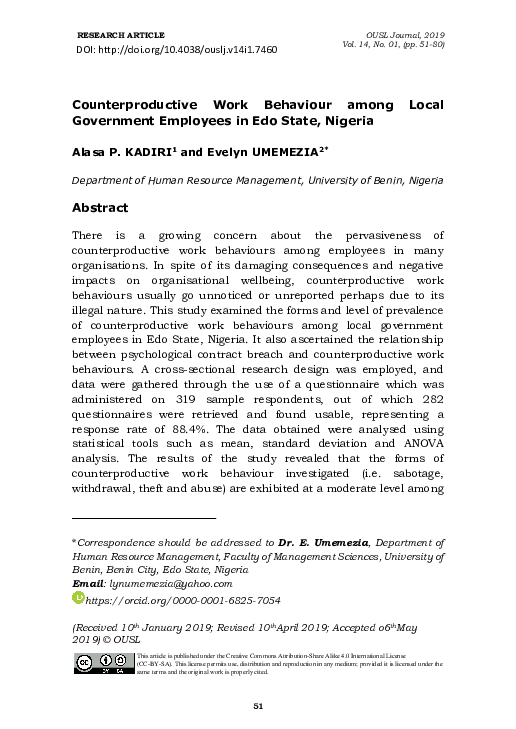 (PDF) Counterproductive Work Behaviour among Local Government Employees ...