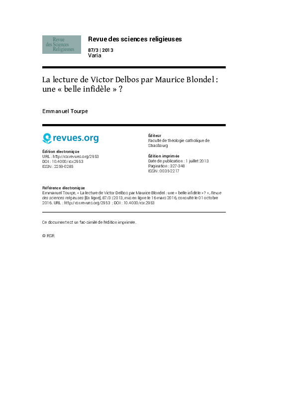 (PDF) La lecture de Victor Delbos par Maurice Blondel : une « belle ...