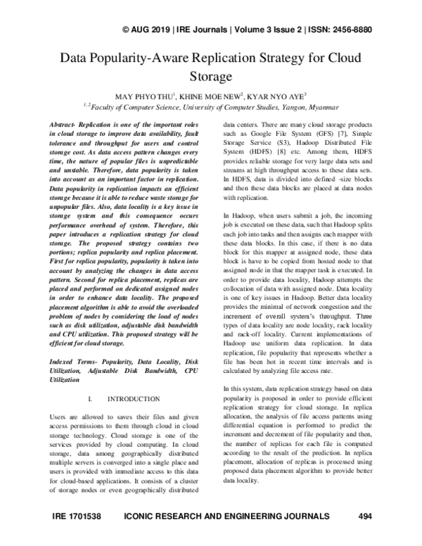 Pdf Data Popularity Aware Replication Strategy For Cloud Storage 0446