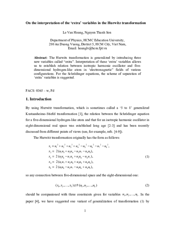 (PDF) On the Interpretation of the 'Extra' Variables in the Hurwitz ...