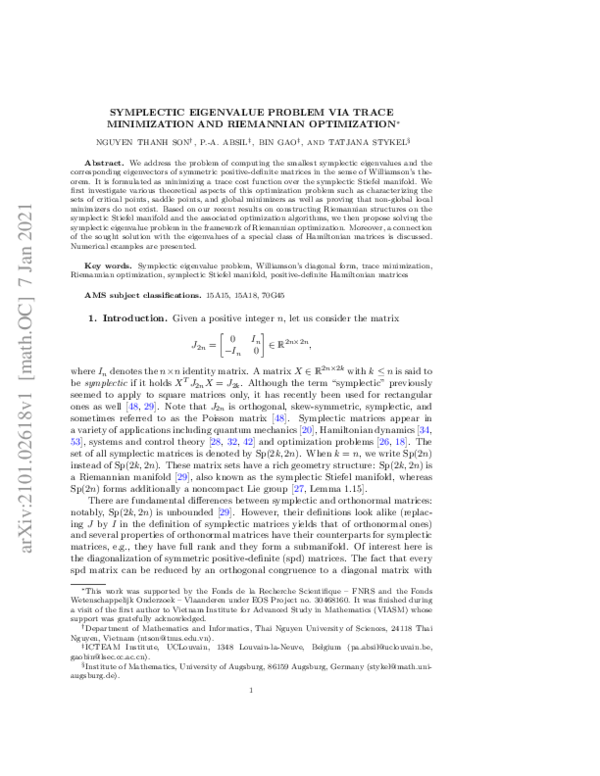 (PDF) Symplectic eigenvalue problem via trace minimization and Riemannian optimization
