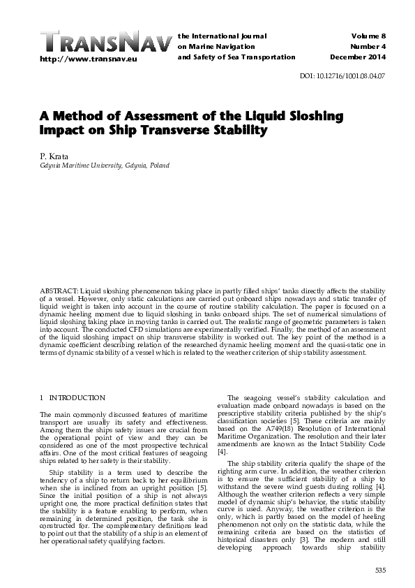 (PDF) A Method of Assessment of the Liquid Sloshing Impact on Ship Transverse Stability