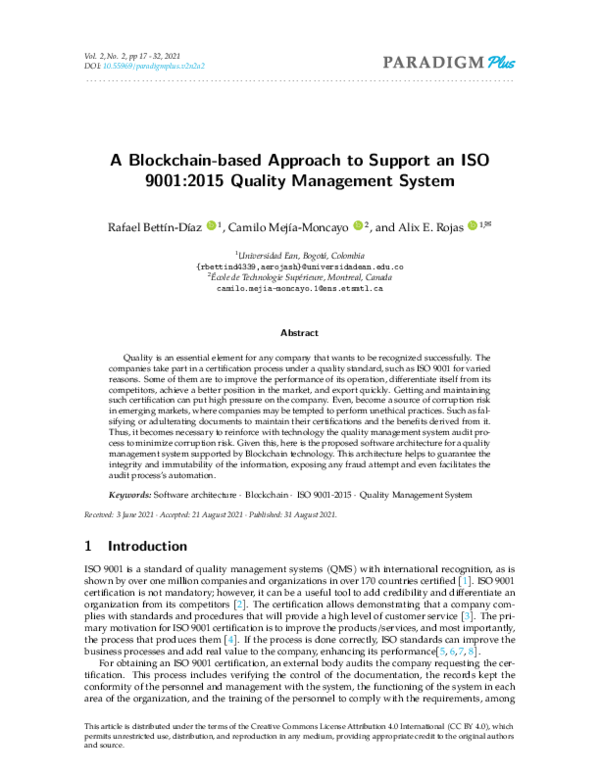 (PDF) A Blockchain-based Approach to Support an ISO 9001:2015 Quality Management System | Alix ...