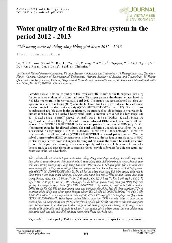 (PDF) Water quality of the Red River system in the period 2012 - 2013