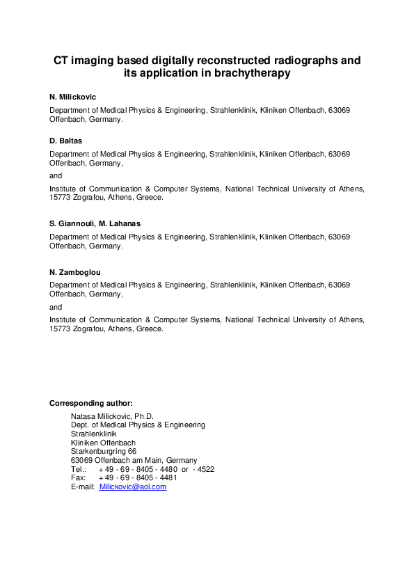 (PDF) CT imaging based digitally reconstructed radiographs and their application in brachytherapy