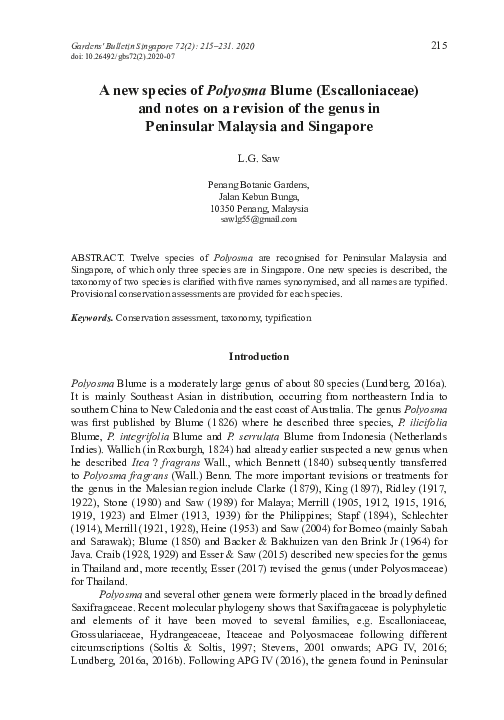 (PDF) A new species of Polyosma Blume (Escalloniaceae) and notes on a ...