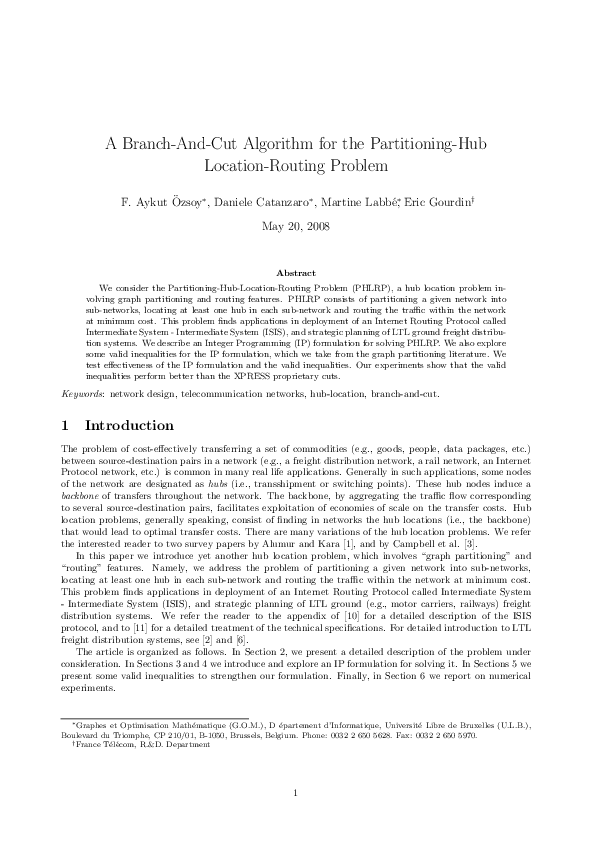 Pdf A Branch And Cut Algorithm For The Partitioning Hub Location Routing Problem 2928