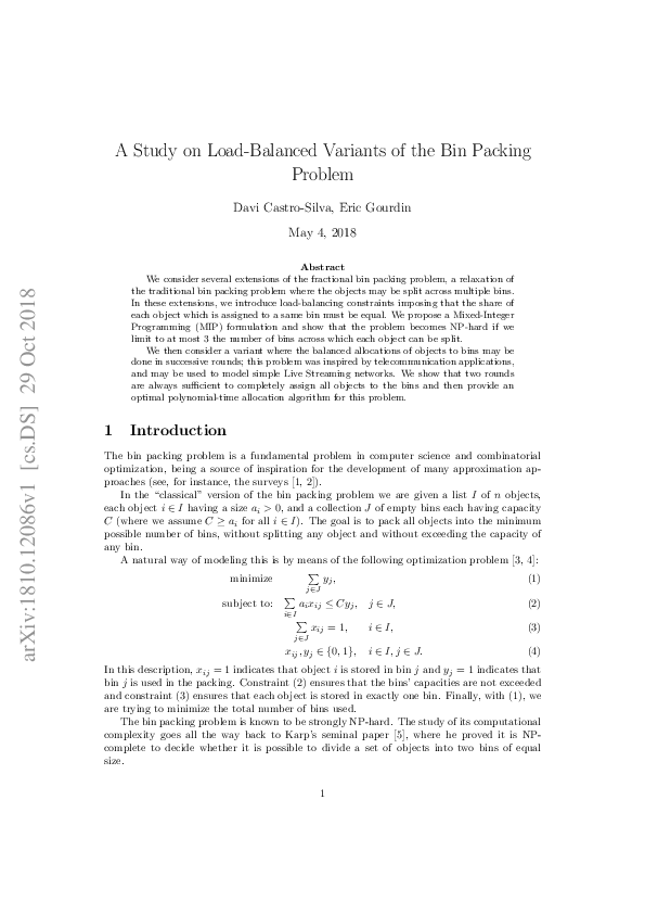 (PDF) A study on load-balanced variants of the bin packing problem | Eric Gourdin - Academia.edu