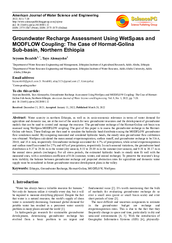 (PDF) Groundwater Recharge Assessment Using WetSpass and MODFLOW Coupling: The Case of Hormat ...