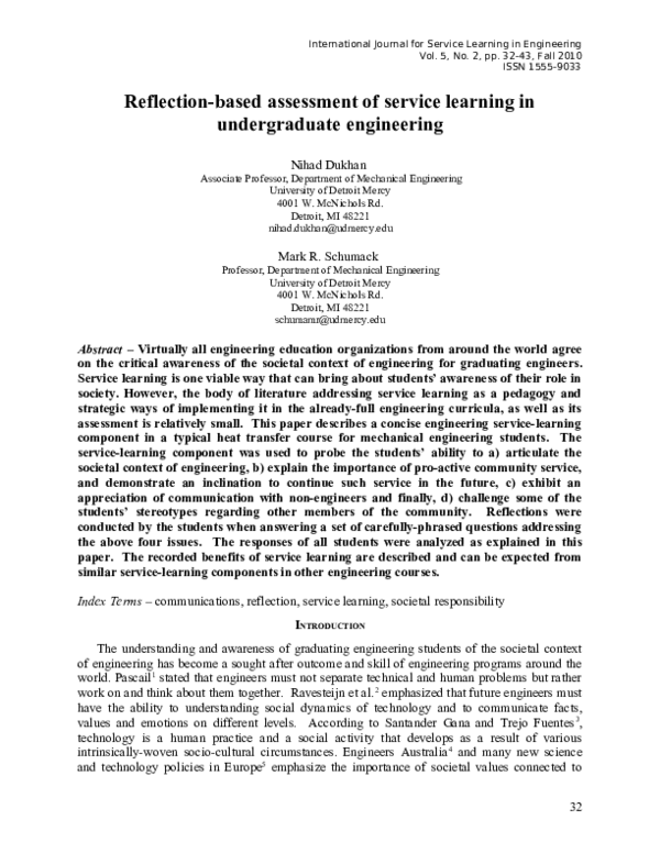 (PDF) Reflection-based assessment of service learning in undergraduate ...