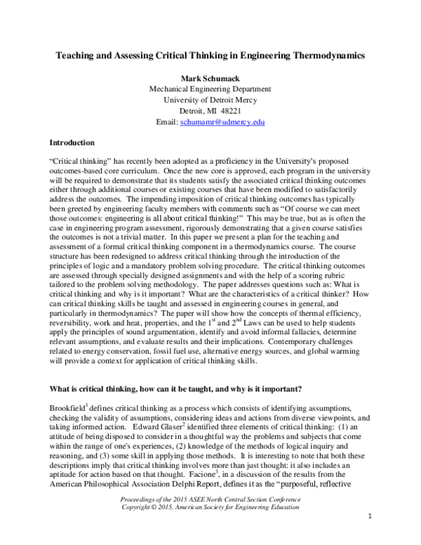 (PDF) Teaching and Assessing Critical Thinking in Engineering Thermodynamics