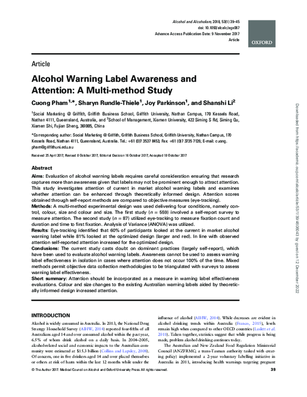 (PDF) Alcohol Warning Label Awareness and Attention: A Multi-method Study