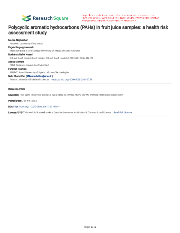 (PDF) Polycyclic aromatic hydrocarbons (PAHs) in fruit juice samples: a health risk assessment study
