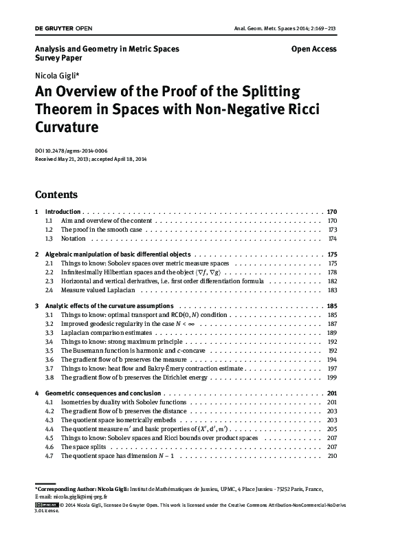 Pdf An Overview Of The Proof Of The Splitting Theorem In Spaces With Non Negative Ricci Curvature