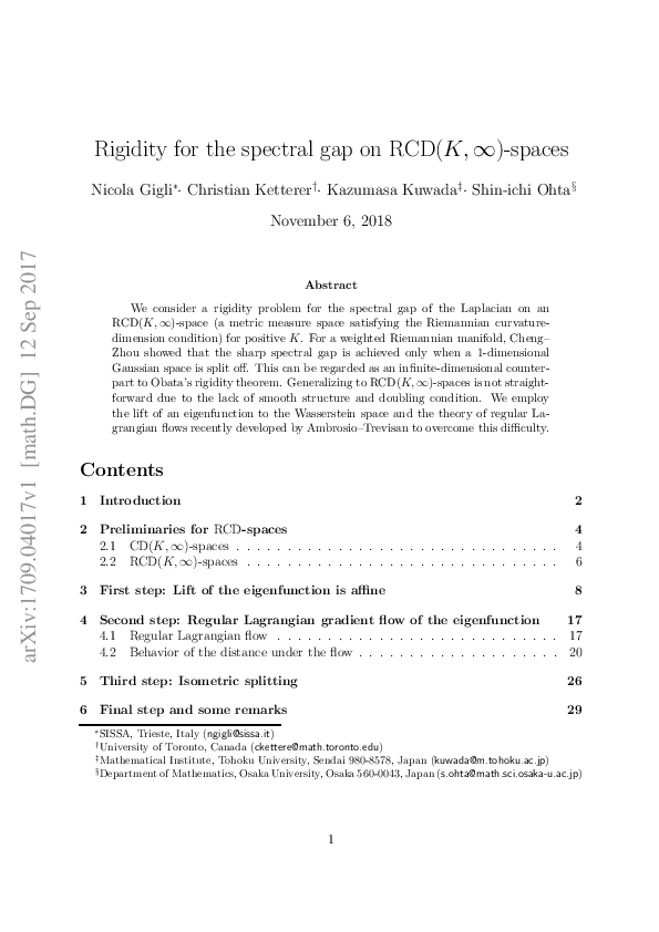 (PDF) Rigidity for the spectral gap on Rcd(K, ∞)-spaces