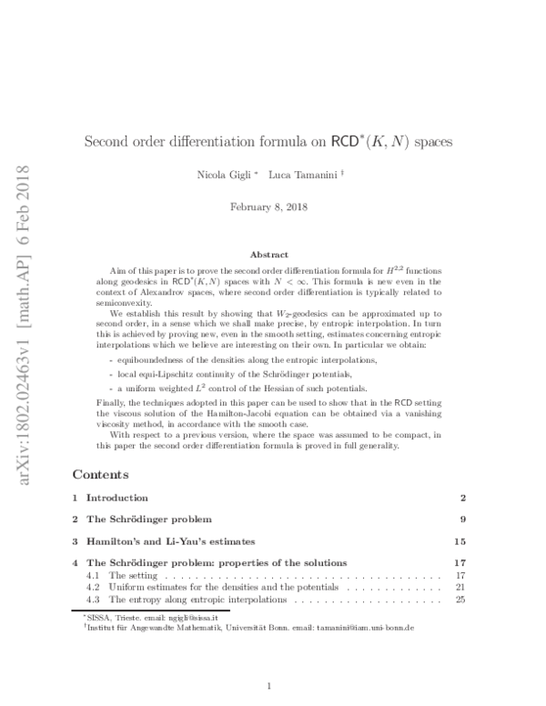 (PDF) Second order differentiation formula on RCD$(K,N)$ spaces