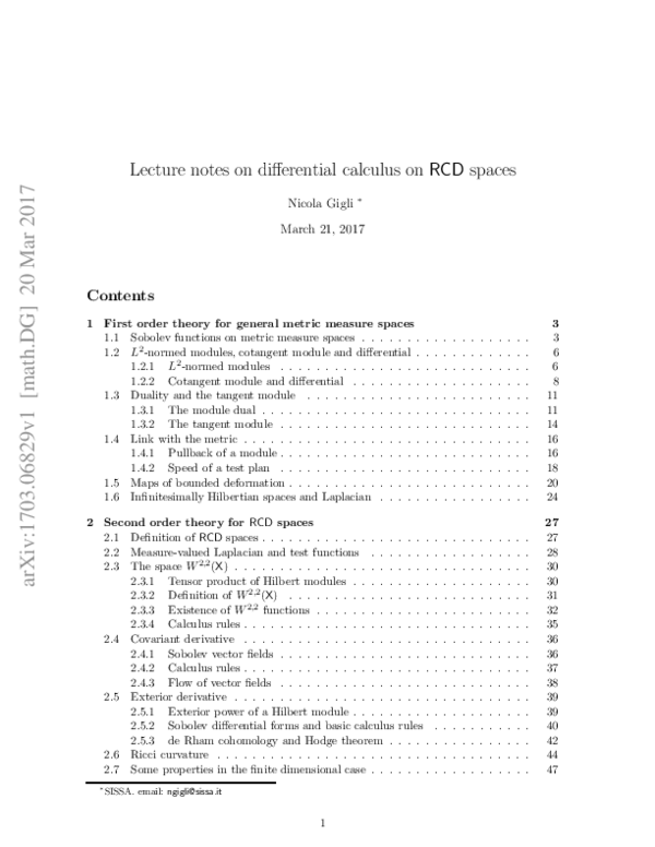 Pdf Lecture Notes On Differential Calculus On Mathscr Rcd Spaces Nicola Gigli