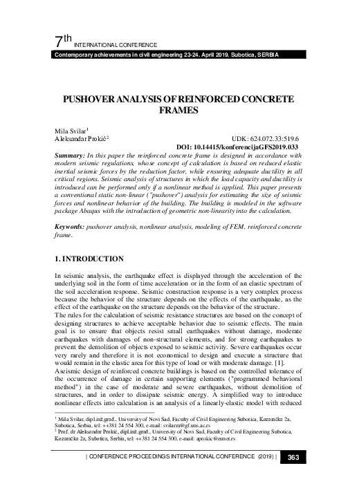 Pdf Pushover Analysis Of Reinforced Concrete Frames