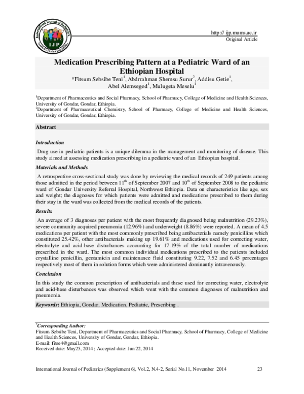 (PDF) Medication Prescribing Pattern at a Pediatric Ward of an ...