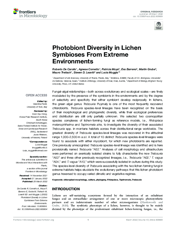 (PDF) Photobiont Diversity in Lichen Symbioses From Extreme Environments