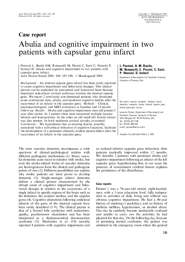 (PDF) Abulia and cognitive impairment in two patients with capsular ...