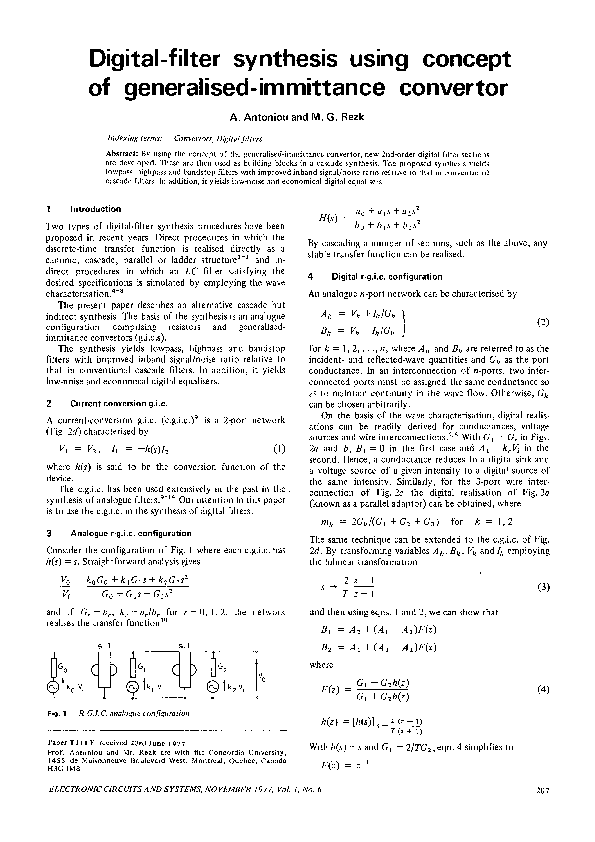 (PDF) Digital-filter synthesis using concept of generalised-immittance convertor