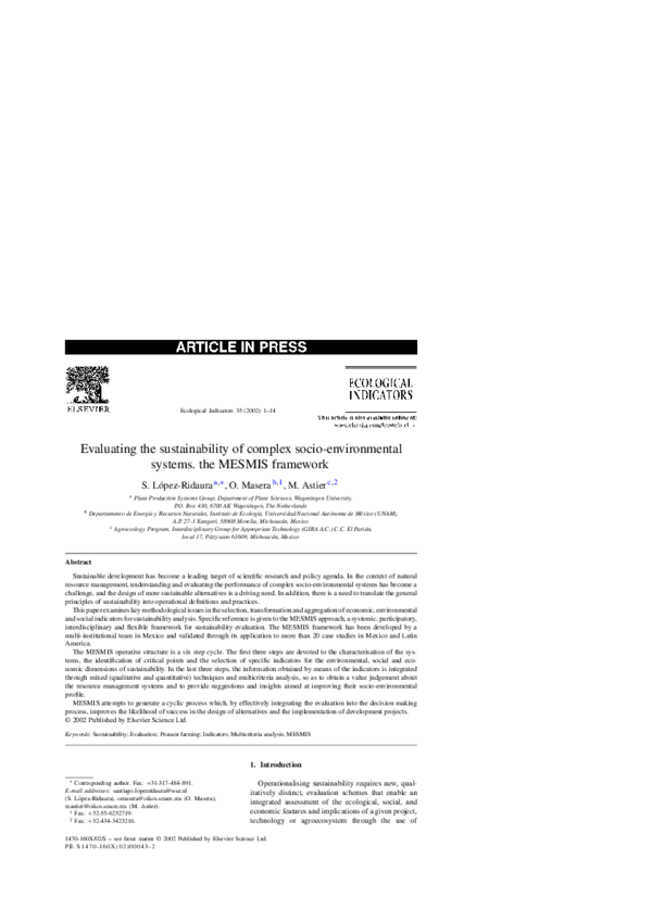 (PDF) Evaluating the sustainability of complex socio-environmental systems. the MESMIS framework
