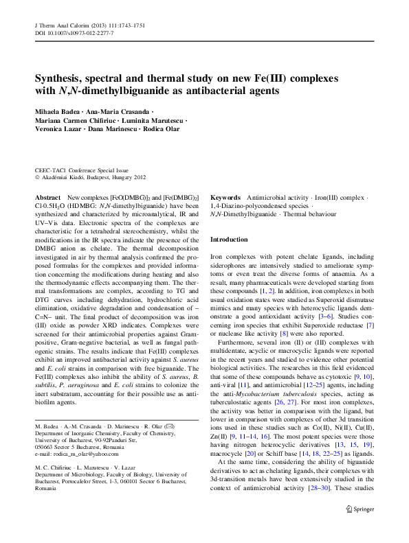 (PDF) Synthesis, spectral and thermal study on new Fe(III) complexes with N,N-dimethylbiguanide ...