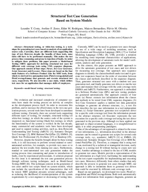 Pdf Structural Test Case Generation Based On System Models