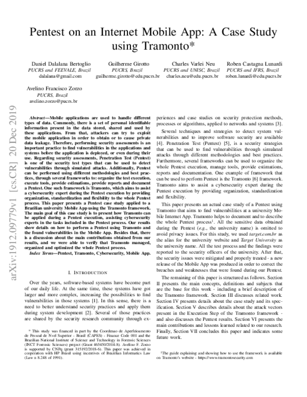 (PDF) Pentest on an Internet Mobile App: A Case Study using Tramonto