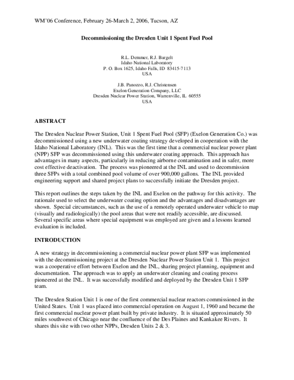 (PDF) Decommissioning the Dresden Unit 1 Spent Fuel Pool
