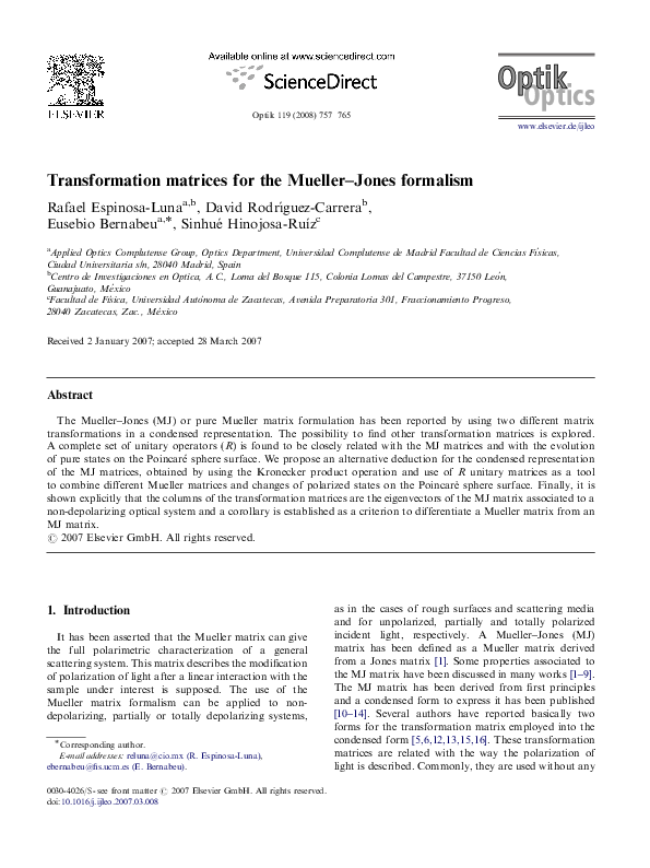 Pdf Transformation Matrices For The Mueller Jones Formalism David Rodríguez Carrera