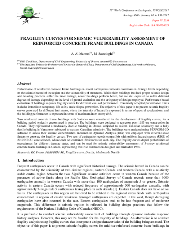 Pdf Fragility Curves For Seismic Vulnerability Assessment Of Reinforced Concrete Frame