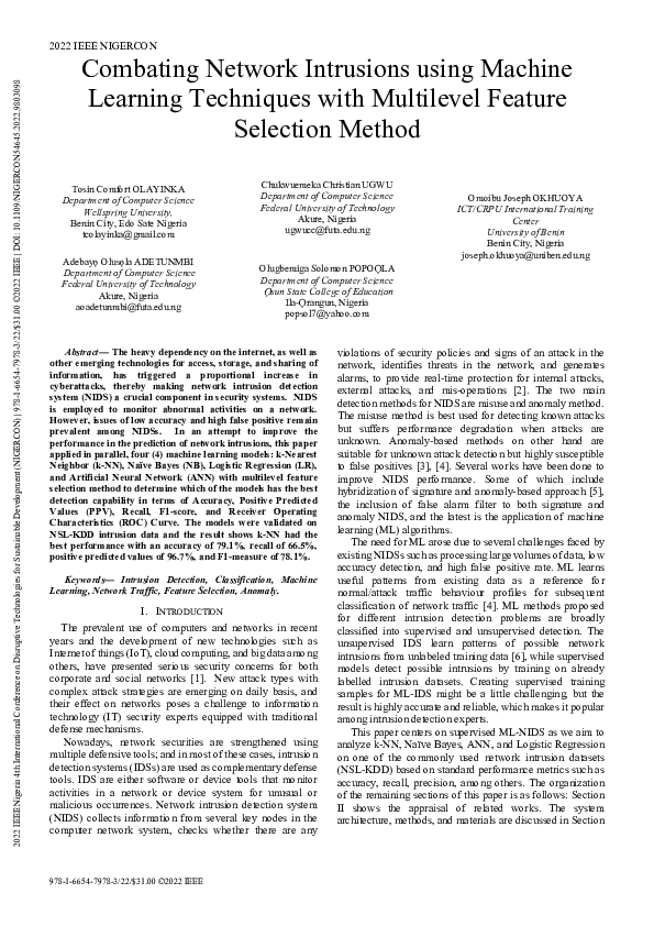 (PDF) Combating Network Intrusions using Machine Learning Techniques with Multilevel Feature ...