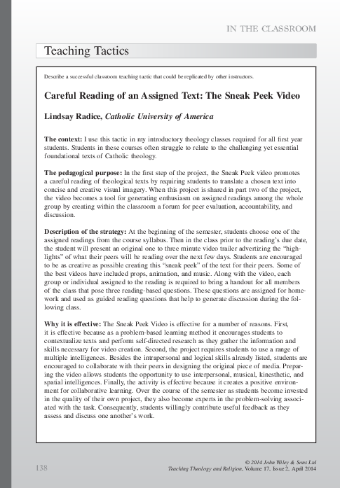 (PDF) Careful Reading of an Assigned Text: The Sneak Peek Video