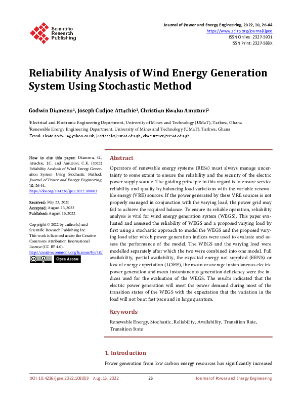 Pdf Reliability Analysis Of Wind Energy Generation System Using