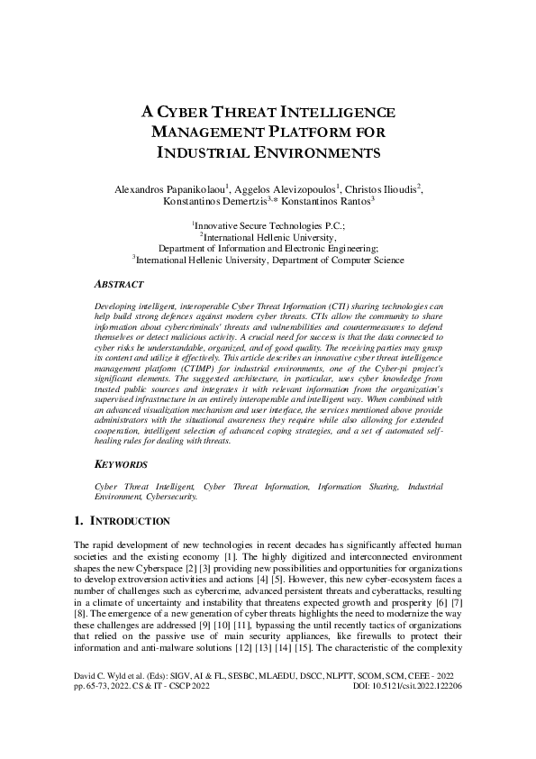 (PDF) A CYBER THREAT INTELLIGENCE MANAGEMENT PLATFORM FOR INDUSTRIAL ENVIRONMENTS