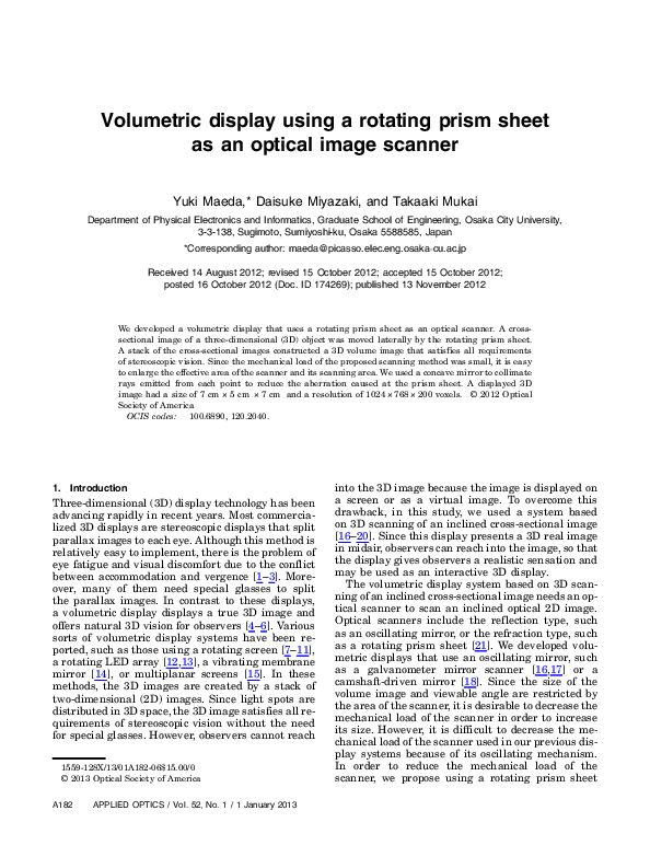 (PDF) Volumetric display using a rotating prism sheet as an optical ...