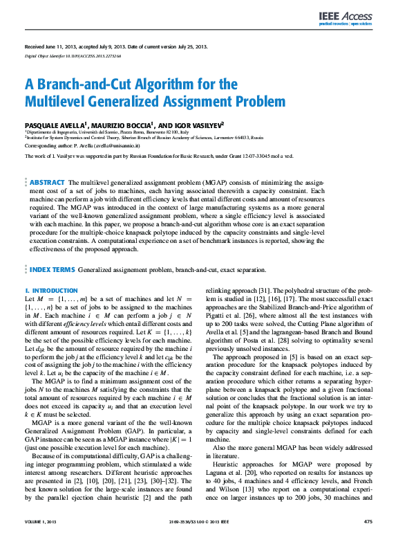 Pdf A Branch And Cut Algorithm For The Multilevel Generalized Assignment Problem Maurizio 