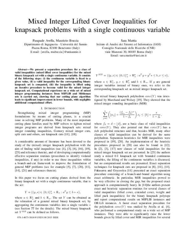 Pdf Mixed Integer Lifted Cover Inequalities For Knapsack Problems With A Single Continuous