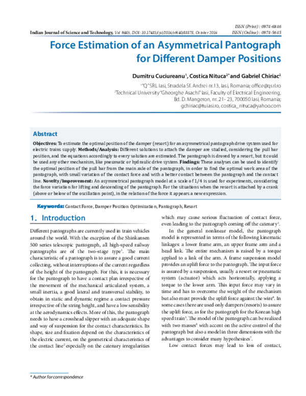(PDF) Force Estimation of an Asymmetrical Pantograph for Different ...