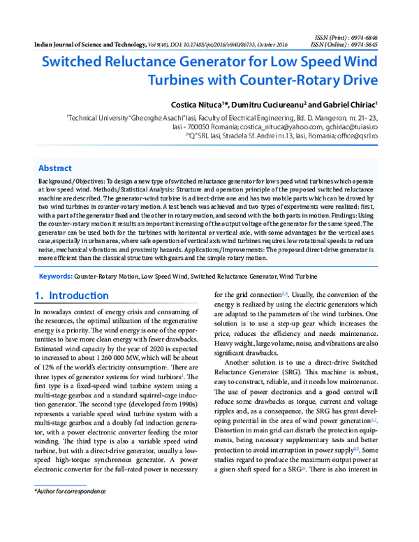 (PDF) Switched Reluctance Generator for Low Speed Wind Turbines with Counter-Rotary Drive