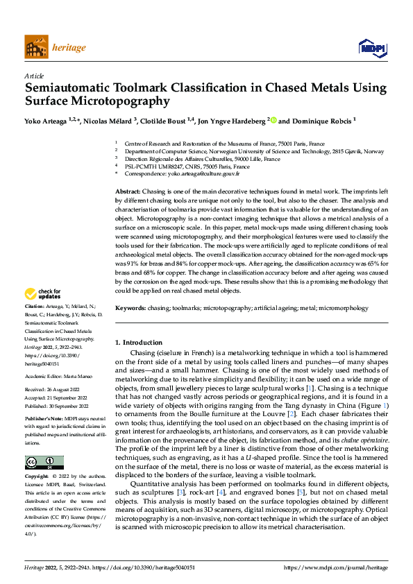 (PDF) Semiautomatic Toolmark Classification in Chased Metals Using ...