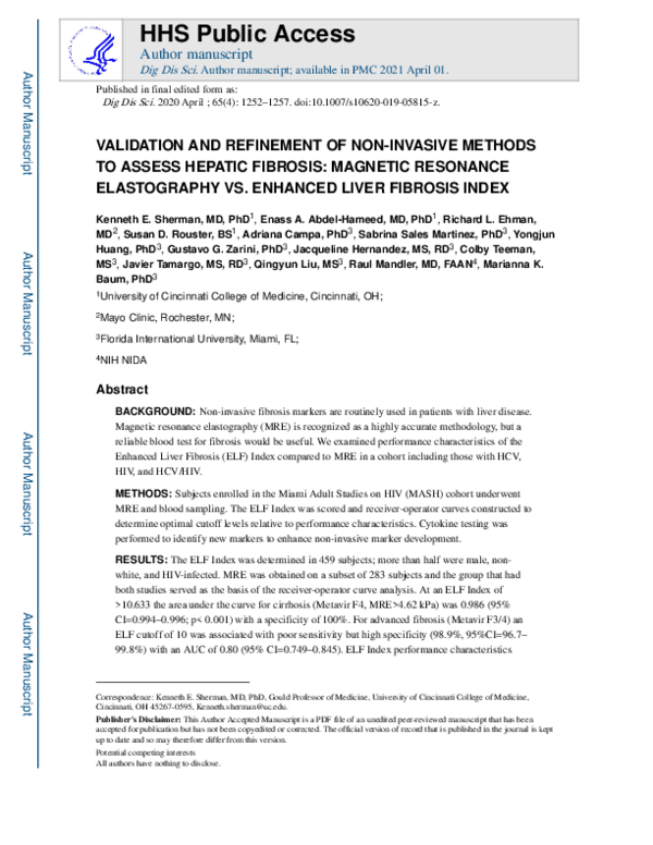 (PDF) Validation and Refinement of Noninvasive Methods to Assess Hepatic Fibrosis: Magnetic ...