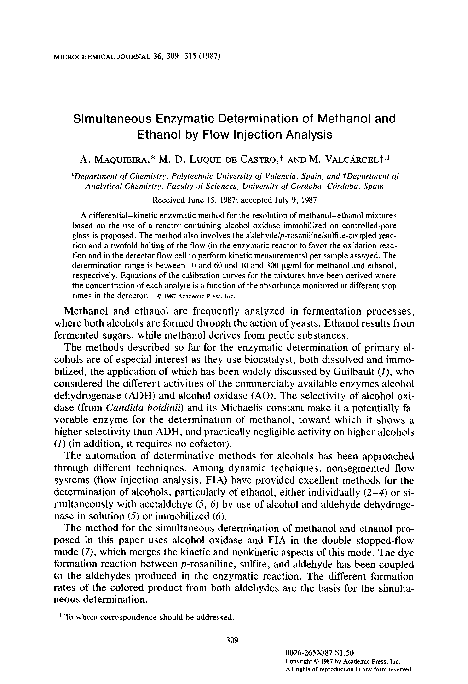 (PDF) Simultaneous enzymatic determination of methanol and ethanol by flow injection analysis