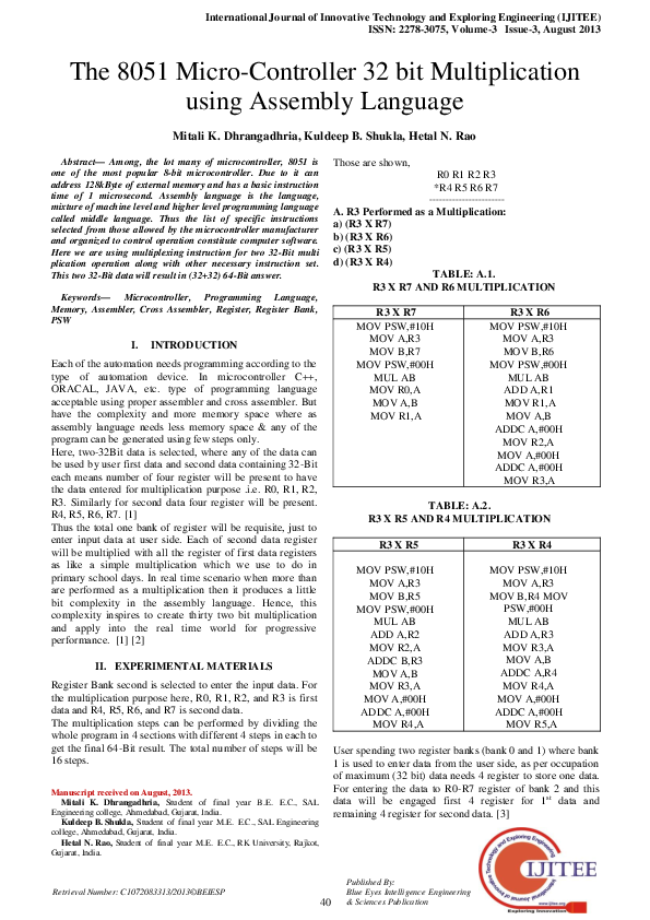 (PDF) The 8051 Micro-Controller 32 bit Multiplication Using Assembly Language
