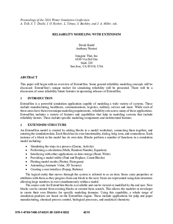 (PDF) Reliability Modeling with Extendsim